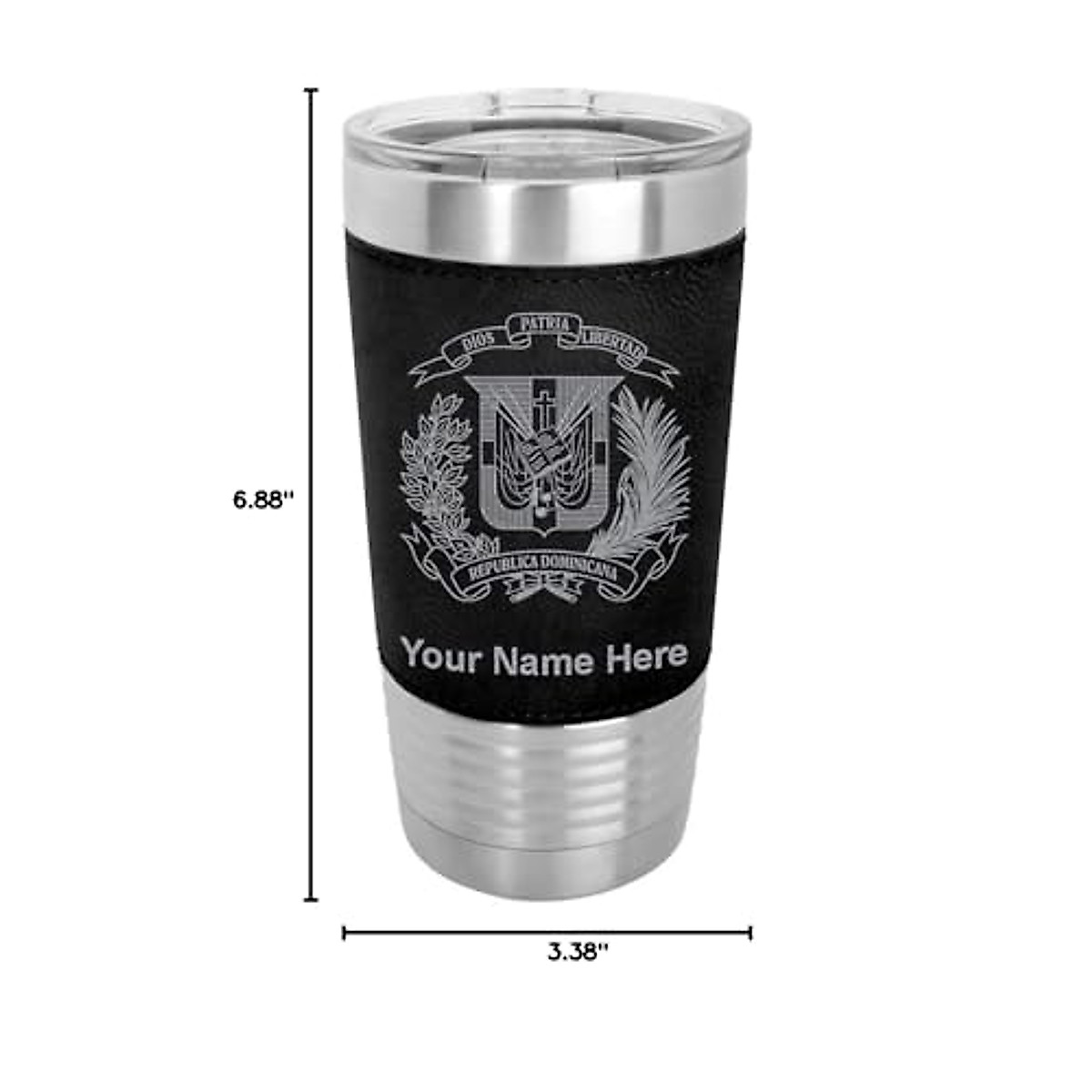 LaserGram 20oz Vacuum Insulated Tumbler Mug, Coat of Arms Dominican Republic, Personalized Engraving Included (Faux Leather, Black)