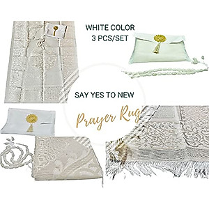 Islamic Prayer Mat, Turkish Prayer Rug with Pouch and Ornament Sealing, Portable Prayer Mat with Handy Pouch, Islamic Carpet Pad Ideal for Travelling (44" x26” with Free Tasbeeh) (White)