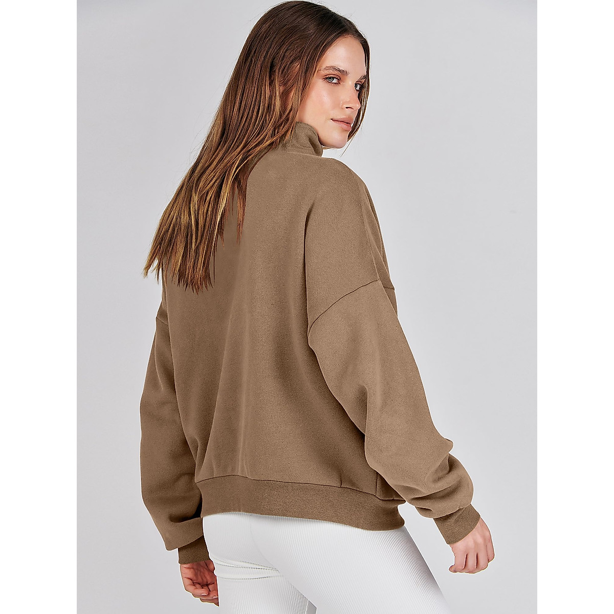 ANRABESS Womens Half Zip Sweatshirts Oversized Crop Pullover 2024 Winter Y2K Fleece Hoodie Sweater Teen Girls Fall Clothes Brown Large