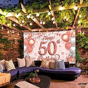 KatchOn, Xtralarge Happy 50th Birthday Banner - 72 X 44 Inch, Rose Gold Happy Birthday Banner | 50th Birthday Banner for Women | 50 Year Old Birthday | Pink 50th Happy Birthday Decorations for Women