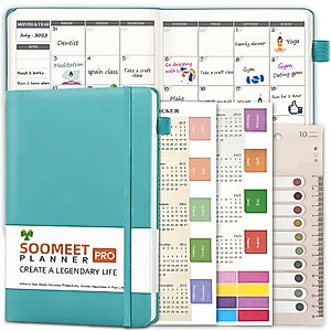 Soomeet Planner, Undated Weekly Planner, Goal Planner, Calendar Stickers, Faux Leather Cover, Time Management Manual and Planner, A5 Hardcover with Ruler, 200 Pages, Lake Blue
