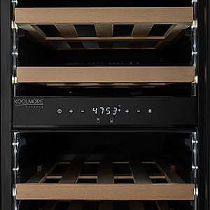 KoolMore KM-CW28DZ-WPR Reserve 15 in. Under-Counter Panel Ready Dual Zone Built-in Wine Cooler with 23 Bottle Capacity and Wooden Shelves in Black, ETL Listed