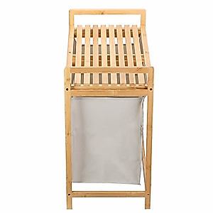 lesolar Bamboo Laundry Hamper and Shelf, 2 Sections Laundry Basket with Removable Liner and Sliding Handles, Dual Compartments Laundry Organizer and Storage for Bathroom Bedroom Living Room