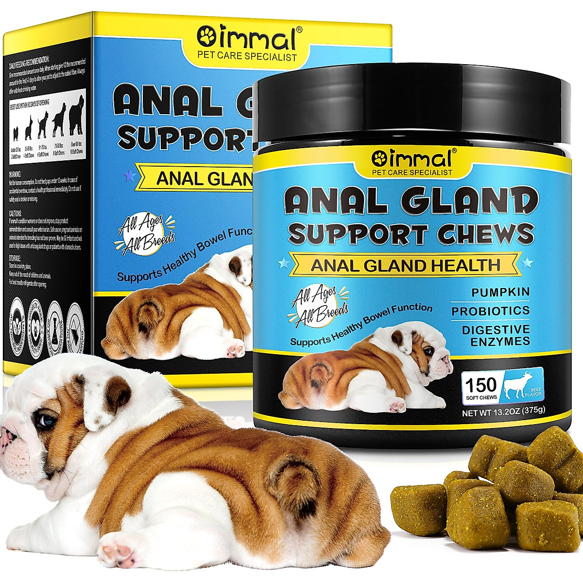 Anal Gland Soft Chew Treats, Dog Fiber Supplement for Anal Glands with Pumpkin, Digestive Enzymes, Gland Support Soft Chews for Dogs Digestive & Gut Health, Normal Bowel Function