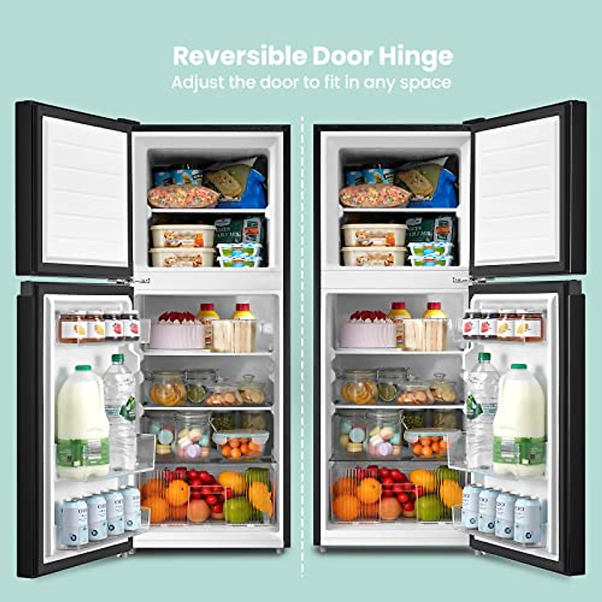 COMFEE' CRM45D3ABB Cu Ft Mini Fridge with Freezer, Energy Saving, Adjustable Legs, Temperature Thermostat Dial, Removable Shelf, Perfect for Home/Dorm/Garage Double Door Refrigerator, 4.5 Cuft, Black