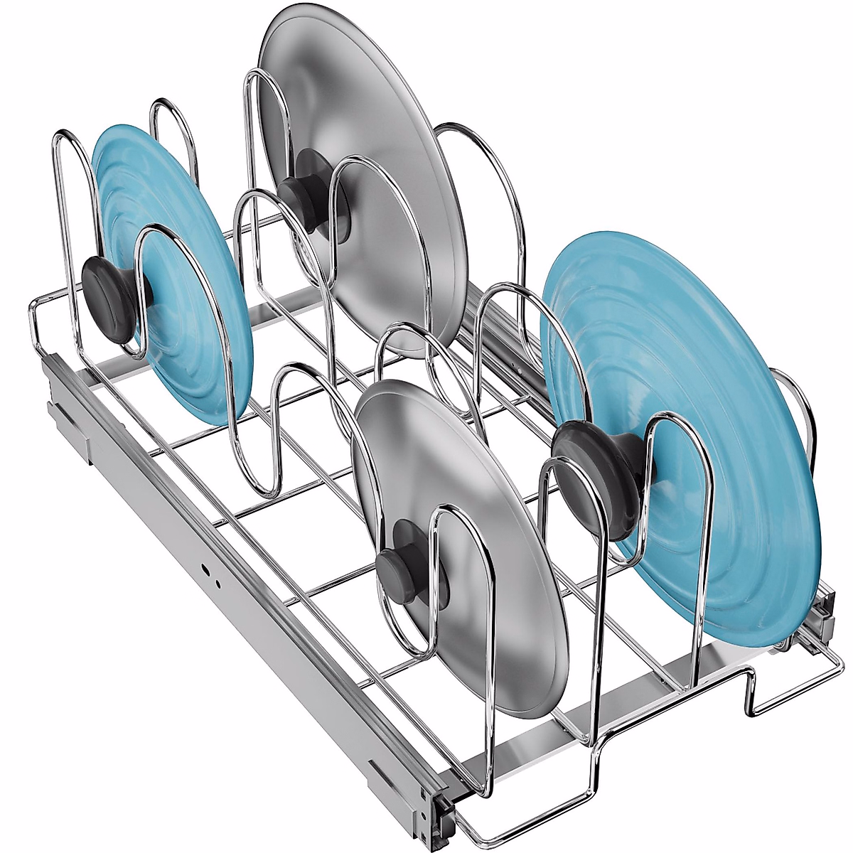 ROOMTEC Slide Out Pan and Pot Lid Organizer for Cabinet, Kitchen Pull Out Pot Lid Rack Pantry Cutting Board Bakeware Cookware Holder - 11in. W x 21in. D - Chrome