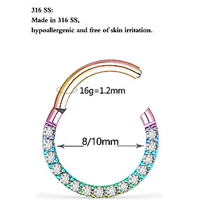 Kadogohno Septum Hoop Rings Piercing Jewelry 16g 8mm 5/16 Rainbow Daith Helix Earrings for Women Men Hypoallergenic Surgical Stainless Steel