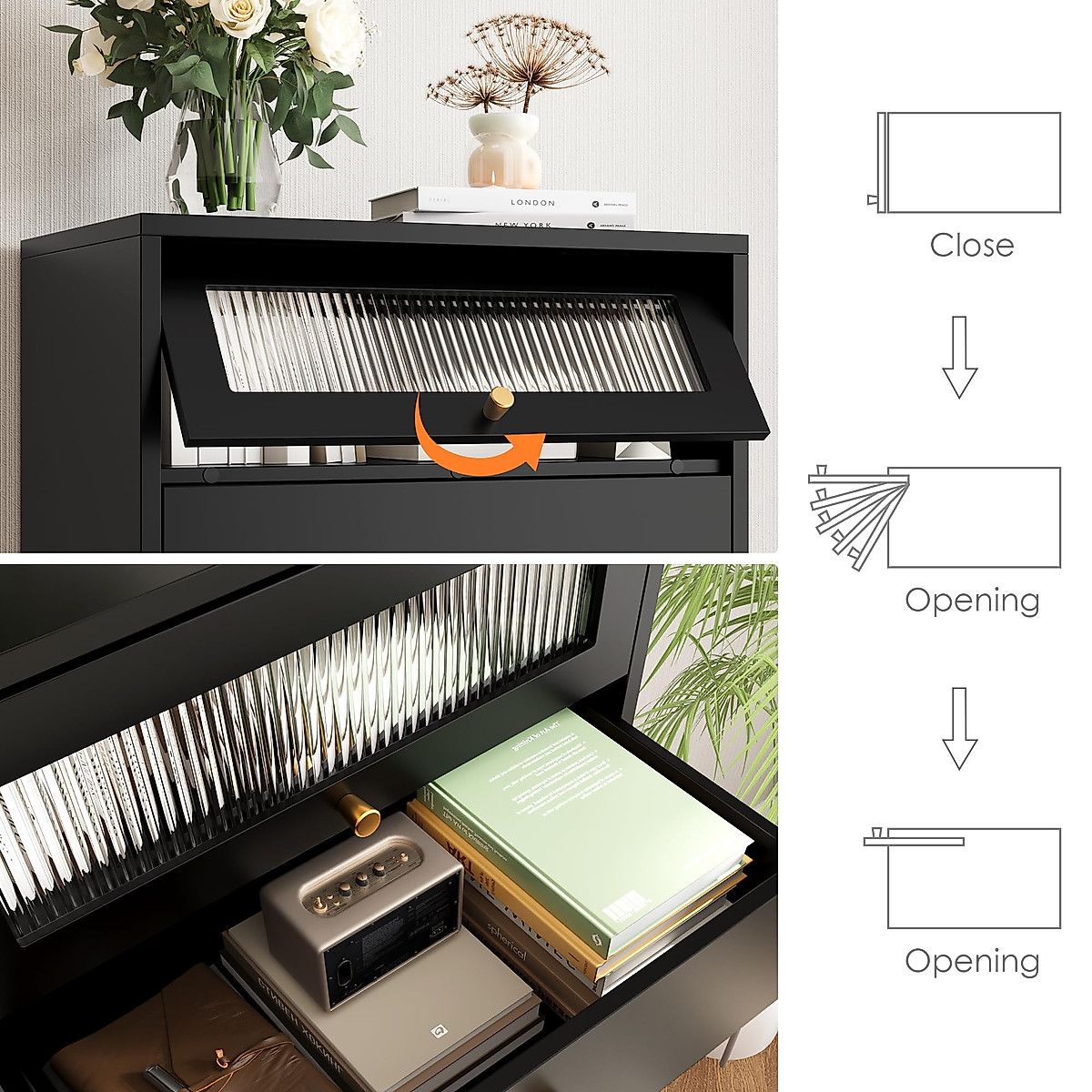 FINETONES 6 Drawer Dresser Black Dresser, 51'' Tall Black Dresser Black and Gold Dresser with Exquisite Glass Door, Modern Dresser Gold Dresser, Thickened Board Sturdy Dresser for Home