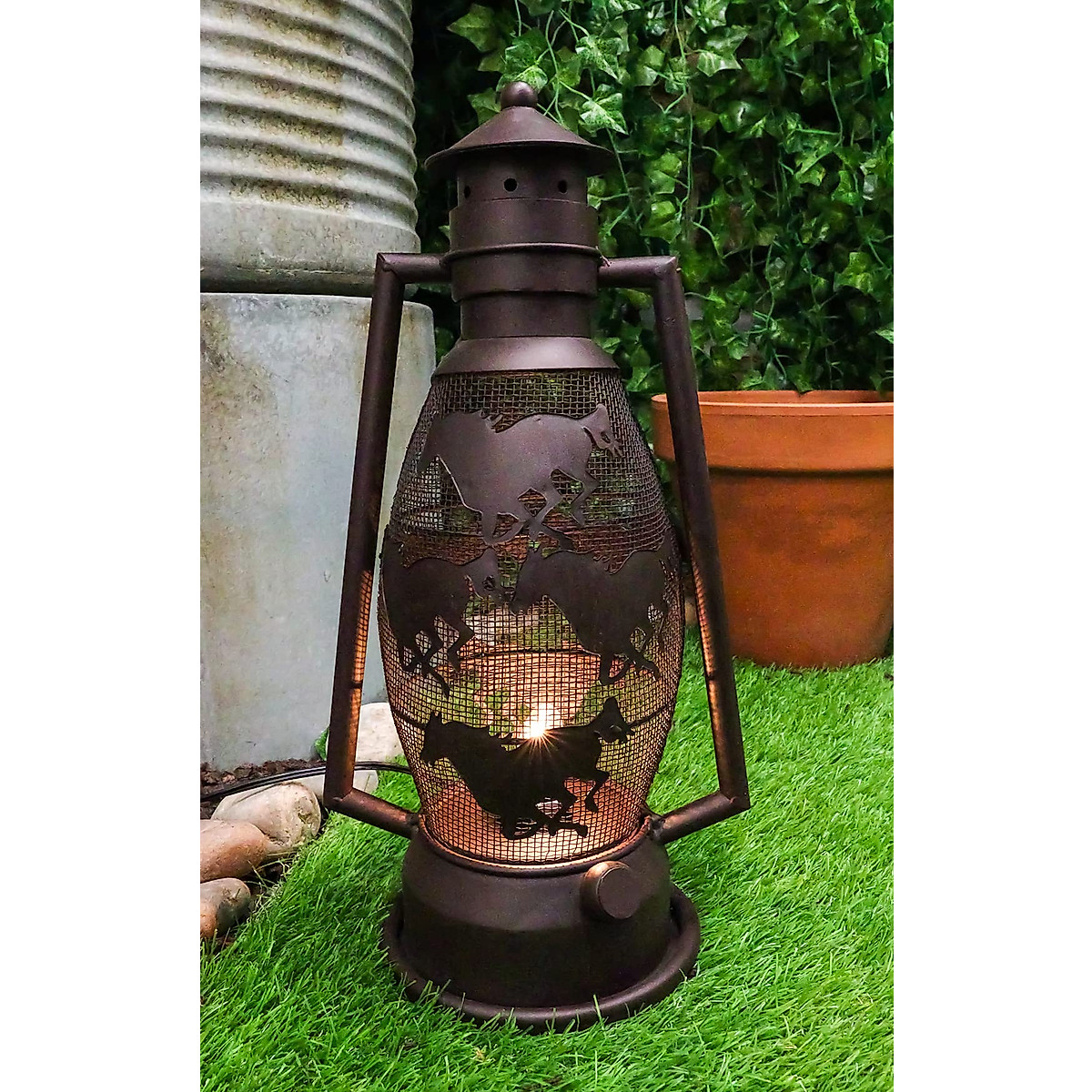 Ebros 15" Tall Old Fashioned Rustic Country Western Electric Metal Lantern Nightstand Lamp Light Or Wall Shadow Caster for Home Patio Poolside Garden Decorative (Cowboy Riding Horse)