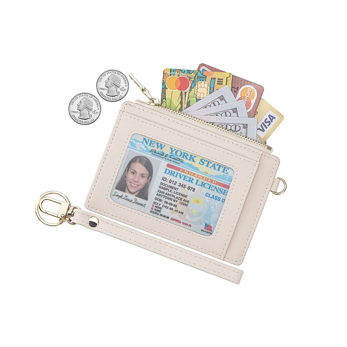 Wikavanli Women Slim Rfid Blocking Credit Card Case Holder Wristlet Zip ID Case Wallet Small Compact Leather Wallet Coin Purse with Keychain (Beige)