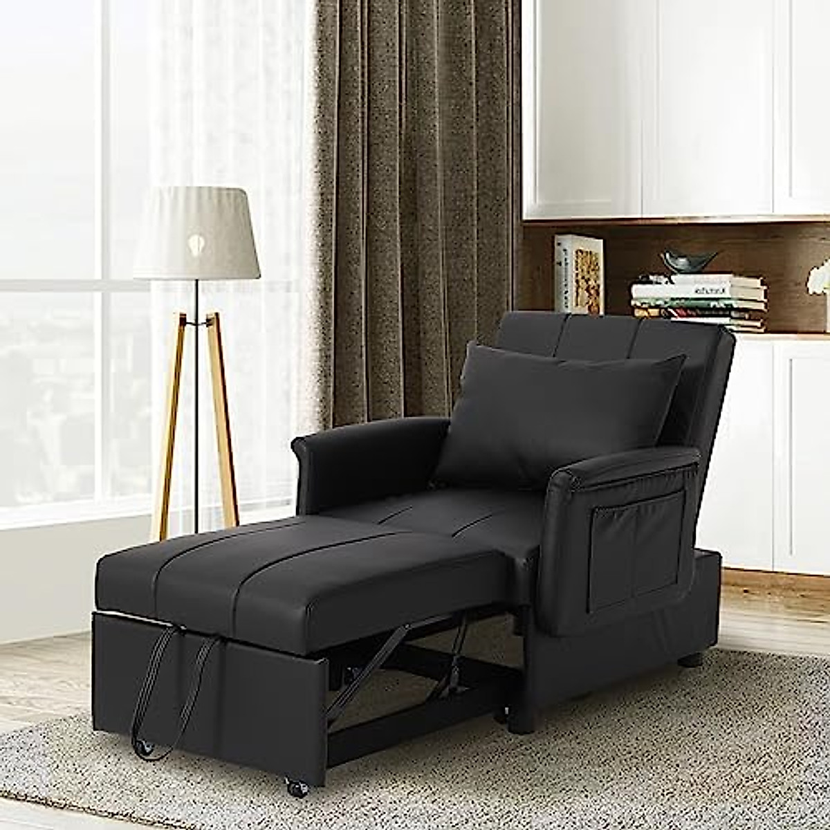 Oprisen Sleeper Chair Bed 3-in-1 Convertible Chair Bed Pull Out Sofa Bed w/Adjustable Backrest Faux Leather Chaise Lounge Sofa Bed Couch for Small Space w/Side Pockets (PU-Black)
