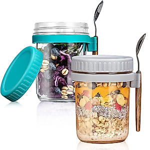 KesaPlan Overnight Oats Containers with Lid and Spoon Set of 2, 10 oz Large Airtight Capacity Overnight Oats Jars with Measurement Marks, Reusable On The Go Cups for Salads Yogurt Cereal Milk