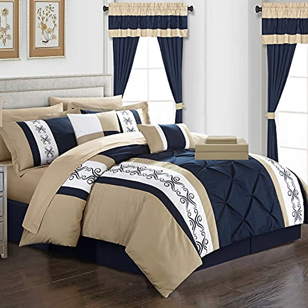 Chic Home Icaria 20 Piece Comforter Set Color Block Pinch Pleat Pintuck Design Bag Bedding, Queen, Navy