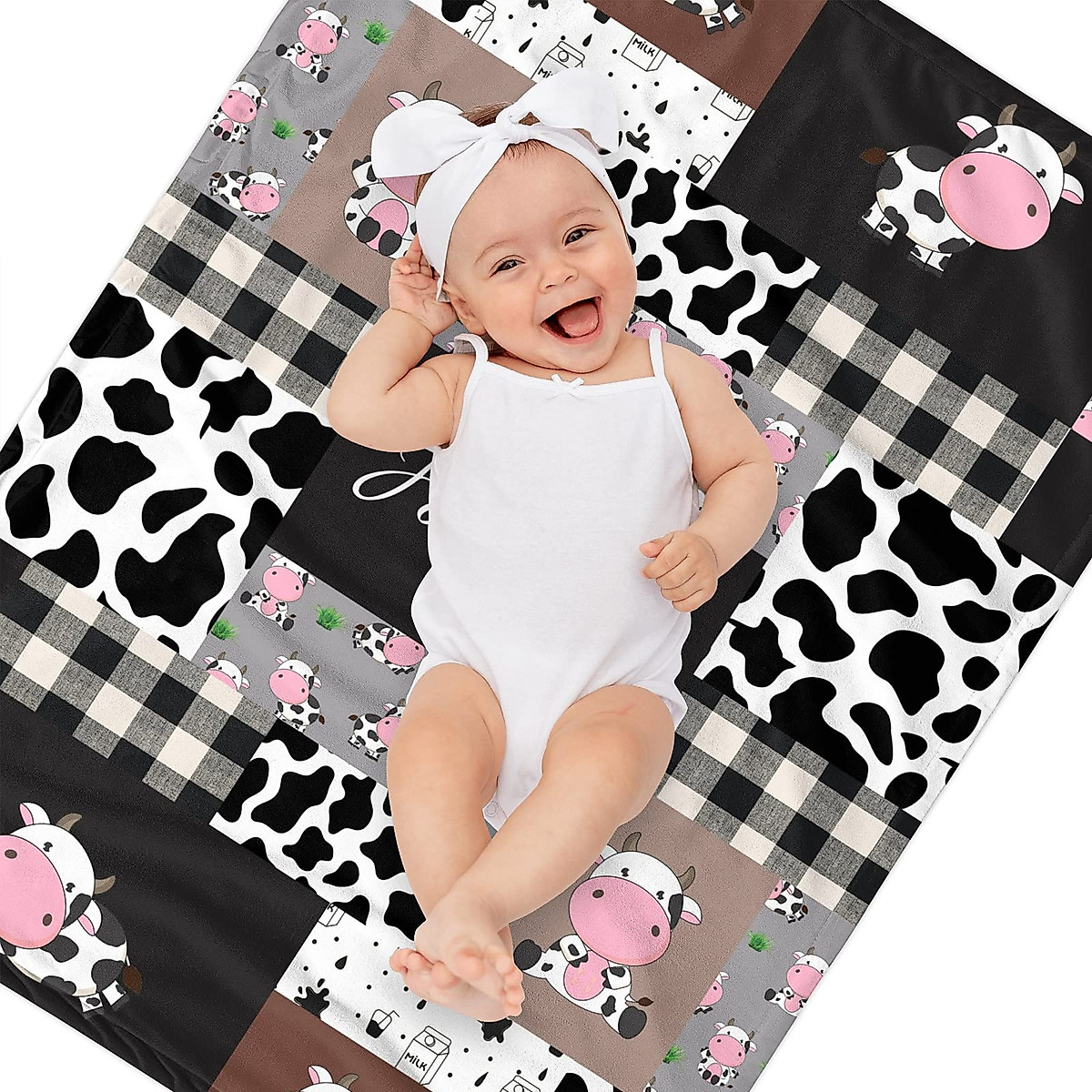 Munific Personalized Cow Print Baby Blanket with Name - Custom Boy's Girl's Cartoon Cute Cow Milk Nursery Theme - Toddler Minky Blankets - Personalized Name Plaid Quilt Style Blanket