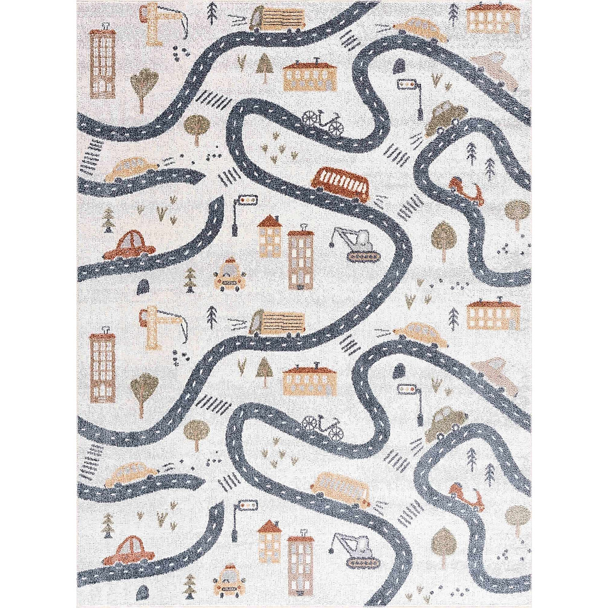 Hauteloom Mave Boys Room, Kids Room, Playroom Machine Washable Area Rug - Road Traffic Car City Carpet - Gray, Cream, Beige, Black - 5'3" x 7'