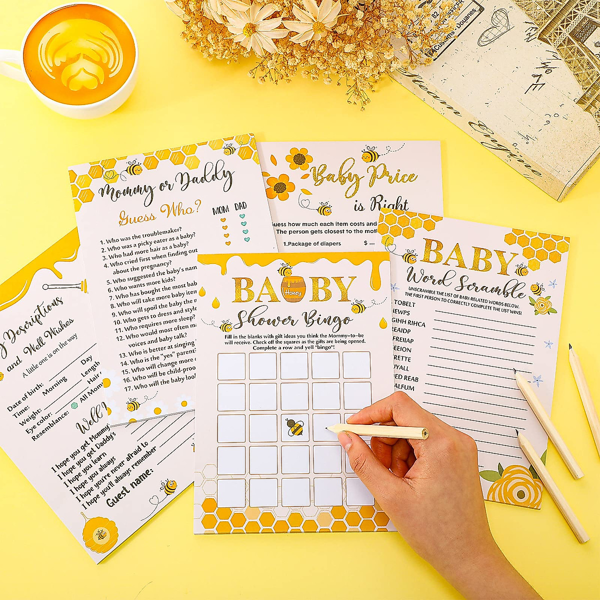 Roowest 145 Pcs Bee Baby Shower Games Gender Neutral Set Includes 125 Pcs 5 Kinds Party Games 20 Pcs Pencils for Honeycomb Bee Baby Shower Party Decorations Favors Gender Reveal Party Supplies