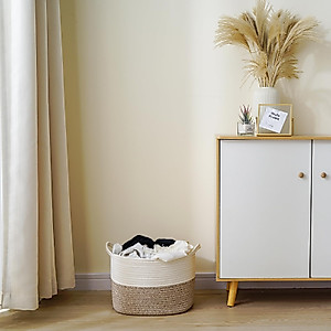 JIA QAQ Square Cotton Rope Samll Baskets With Handles for Nursery, Toys, Household, Nursery, Handcrafted Woven Gift Baskets for Storage and Organization,13.5x11x9.5inch (white-champagne)