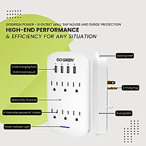 GoGreen Power (GG-16000USB4) 6 Outlet 2.4 AMP USB Wall Tap Adapter with USB Ports and Surge Protection, 735 Joules Surge Rating, White