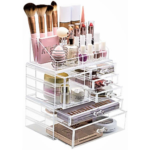 Sorbus Large Clear Makeup Organizer - Detachable 3-Piece Jewelry & Make Up Organizers and Storage Set - Spacious Cosmetic Display Tower - Makeup Organizer for Vanity, Bathroom, Dresser & Countertop
