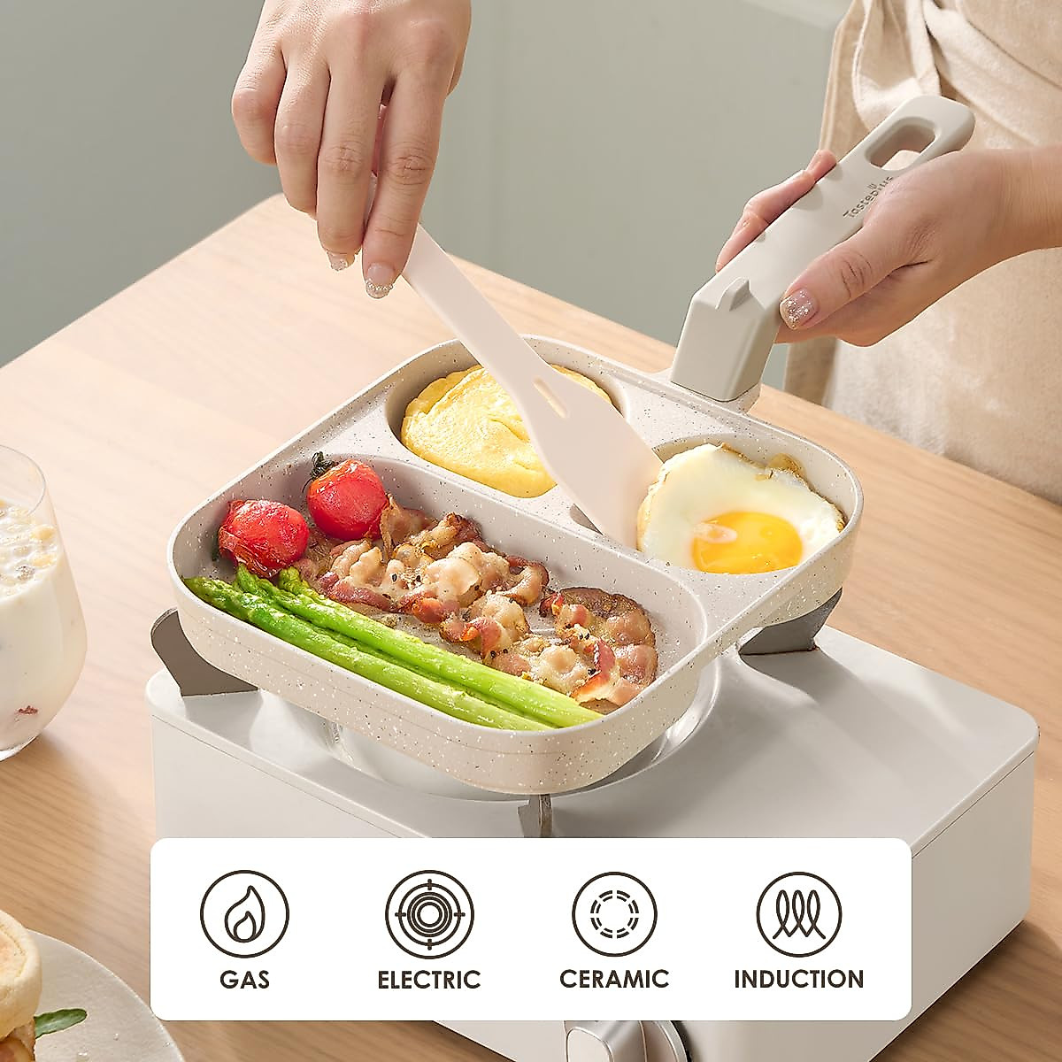 Taste plus Egg Pan Omelette Pan, Egg Frying Pan 3 Section, Nonstick Frying Pan for Breakfast, Compatible with Gas Stove & Induction Cookware, Light Grey