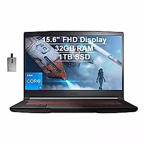 2021 MSI GF63 Thin Gaming 15.6" FHD Laptop Computer, Intel Core i5-10300H (Beats i7-9750H), 32GB RAM, 1TB PCIe SSD, Backlit Keyboard, GeForce GTX 1650 MaxQ, HD Webcam, Win 10, Black, 32GB USB Card