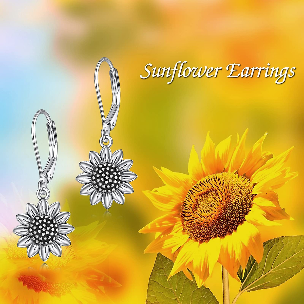 POPLYKE Antiqued Sunflower Leverback Dangle Earrings S925 Sterling Silver Sunflower Earrings for Women