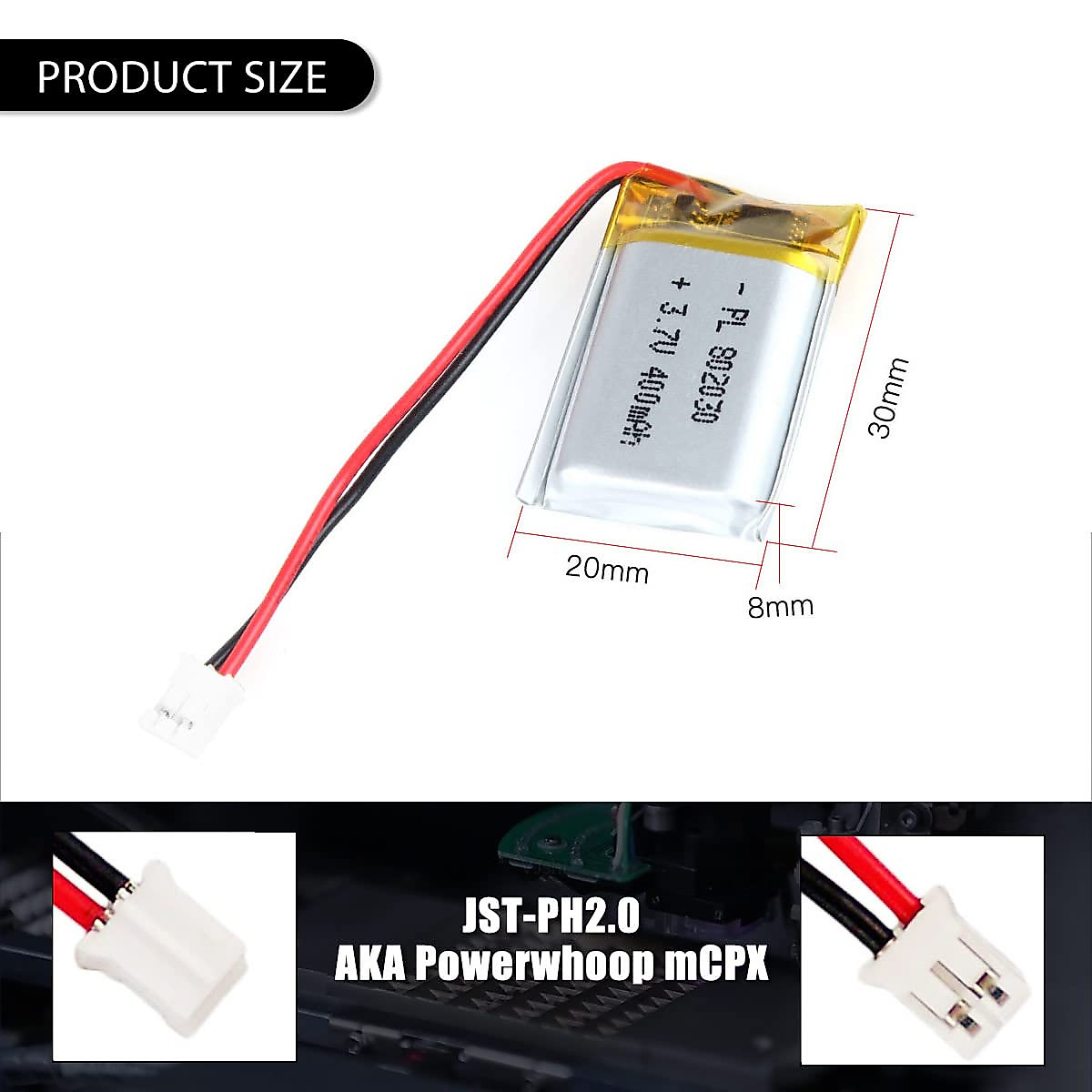 AKZYTUE 3.7V 400mAh 802030 Lipo battery Rechargeable Lithium Polymer ion Battery Pack with PH2.0mm JST Connector
