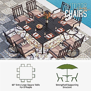 PHI VILLA 9 Pieces Patio Dining Set, 8 Patio Cushioned Swivel Rocker Chairs and Metal Outdoor 60” Large Square Table with 1.57” Umbrella Hole for Deck,Lawn, Garden