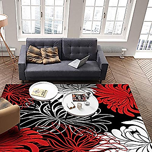 Maliyand Indoor Area Rug, Chrysanthemum Flower Abstract Floral Pattern Red Black White Anti-Skid Rectangle Accent Rugs for Children Bedroom Living Room Nursery Decoration, 2'7"x5'