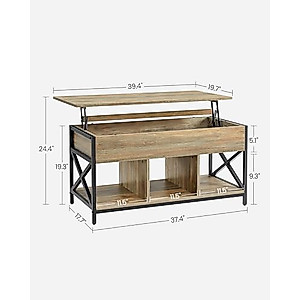 VASAGLE Lift Top Coffee Table for Living Room, Industrial Coffee Table with Hidden Compartments and Storage Shelf, Steel Frame, 19.7 x 39.4 x (19.3-24.4) Inches, Oak with Blue Grains ULCT202B60