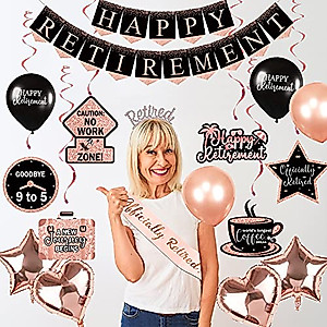 Retirement Party Decorations for Women, Rose Gold Happy Retirement Banner, Retirement Hanging Swirl, Officially Retired Sash for Women Retirement Party Supplies