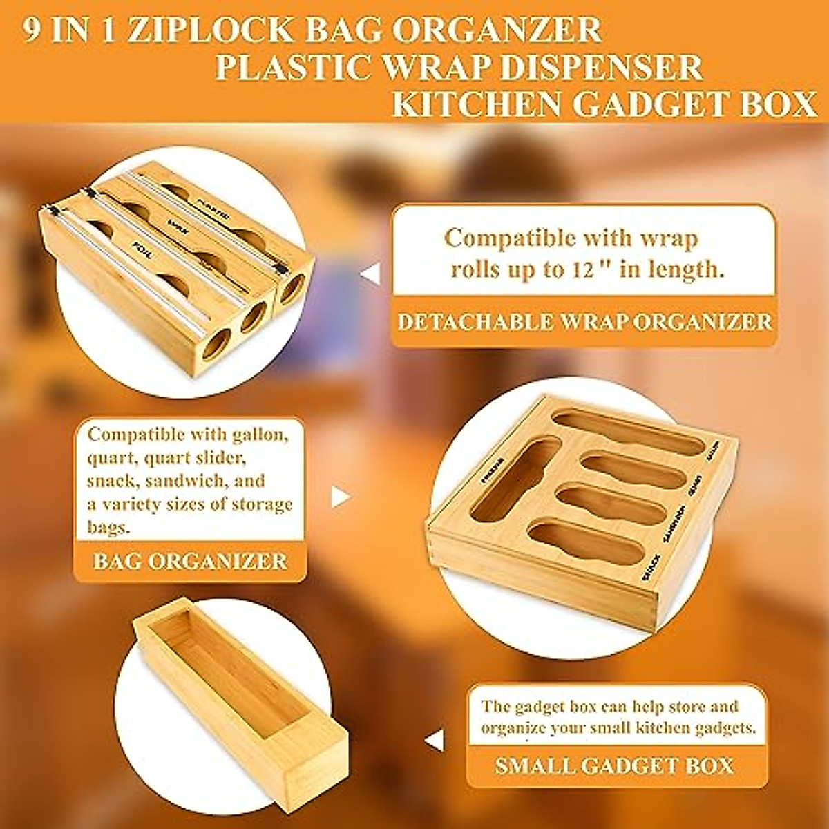 Alicenize 9 IN 1 Ziplock Bag Storage Organizer for Kitchen Drawer and Plastic Wrap Dispenser with Cutter | Bamboo Foil and Plastic Wrap Organizer | Compatible with a variety size of storage bags