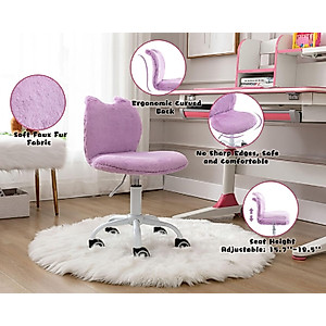 Modern Cute Cat Kids Desk Chair, Comfortable Fuzzy Small Desk Chair for Girls and Boys, Ergonomic Adjustable Swivel Computer Chair, Hello Kitty Vanity Chair Study Rolling Stools with Wheels, Purple