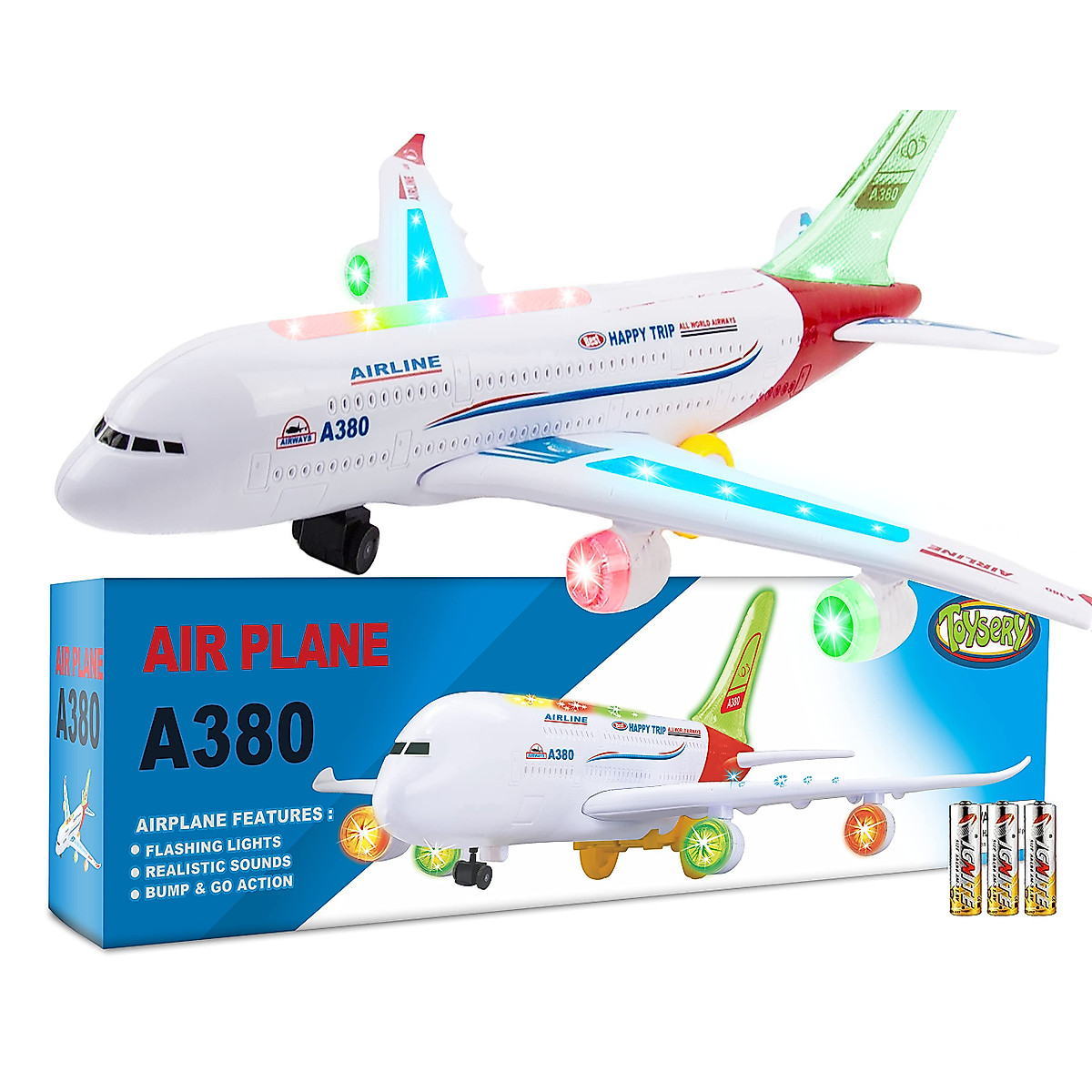 Toysery Airplane Toys for Kids, Bump and Go Action, Toddler Toy Plane with LED Flashing Lights and Sounds. Ideal for Boys & Girls 3-12 Years Old (Airbus A380)