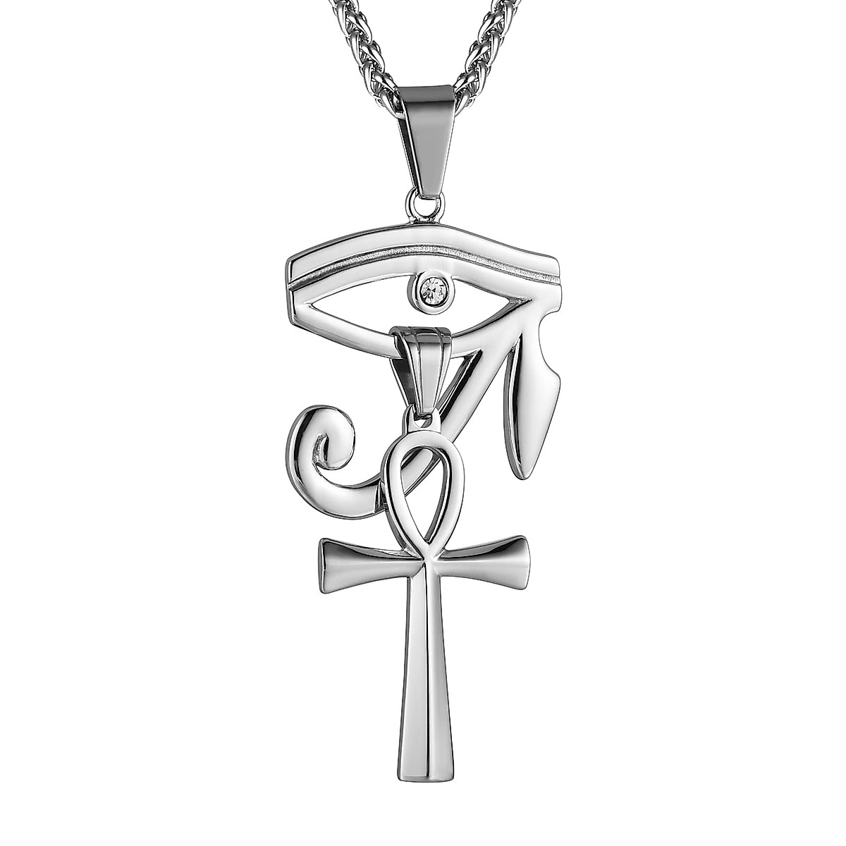 HZMAN Gold Stainless Steel Eye of Horus Egypt And Coptic Ankh Cross Religious Pendant Necklace 24" Figaro Chain (Silver)
