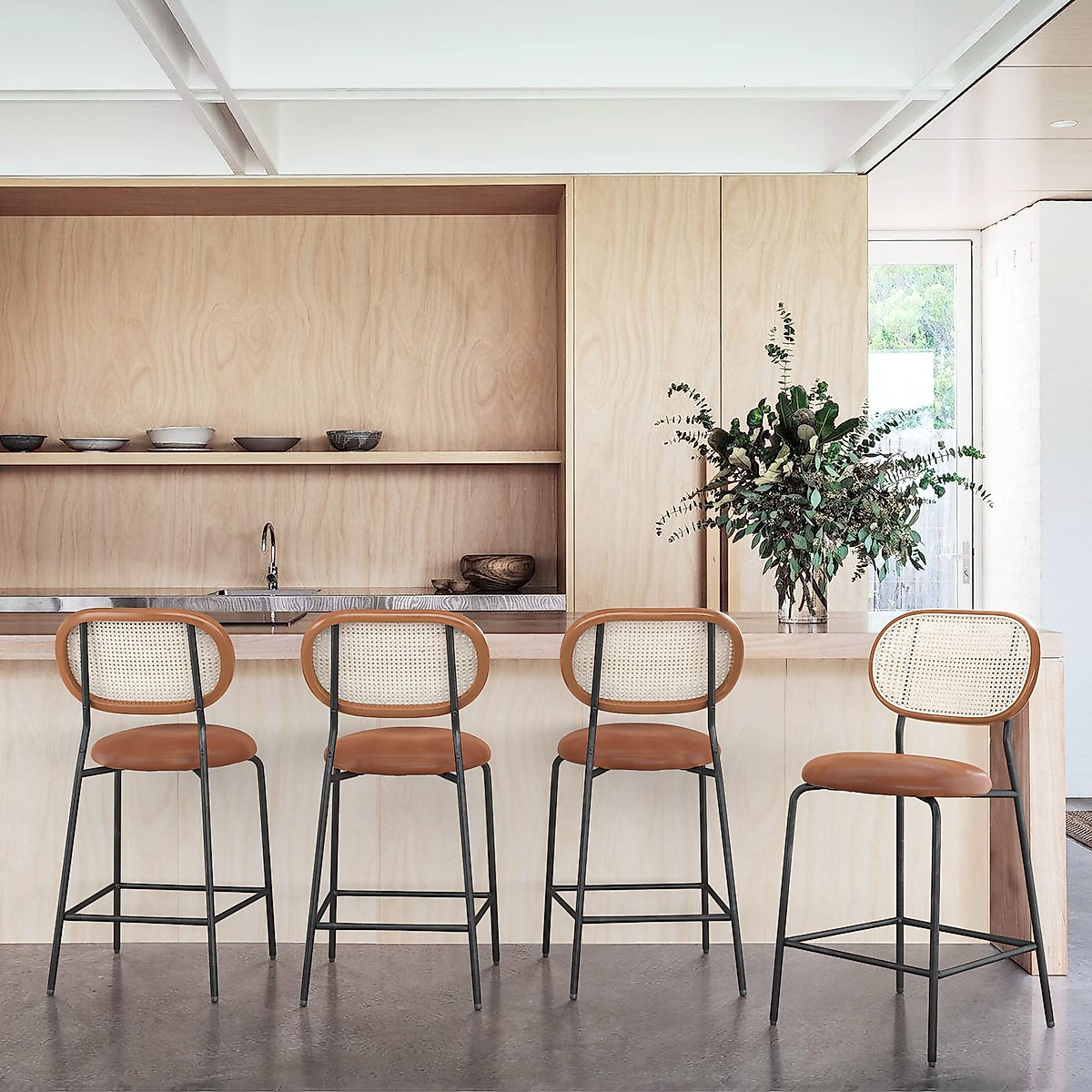 LUE BONA Faux Leather Bar Stools Set of 4,Rattan and Wood Backrest with Metal Legs，Modern Upholstered Round seat Chair Counter Height Barstools for Home Office Restaurants,24",Red Brown