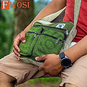 Fwosi Hemp Crossbody Messenger Bag - Unisex School Tote for Men & Women - Lightweight, Bohemian Shoulder Sling Bags - 4 Compartments, Zipper Closure, Adjustable Strap - Handmade in Nepal - Green