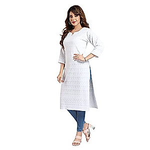 QUEEN SHIELD Women's Chikan-Kari Long Knee Length Kurti(White)(L)(40White9999)