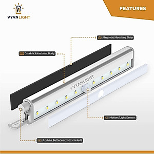 VYANLIGHT Motion Sensor LED Lights, 10 LED Battery Operated Motion Light, Stick-On Anywhere Magnetic Night Light Bar for Under Cabinet, Closet, Hallway, Stairway, Wardrobe, Kitchen, Vanity, 4 Pack