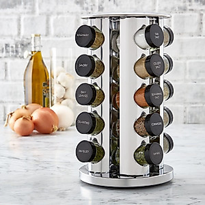 Kamenstein Revolving 20-Jar Countertop Rack Tower Organizer with Free Spice Refills for 5 Years, Polished Stainless Steel with Black Caps