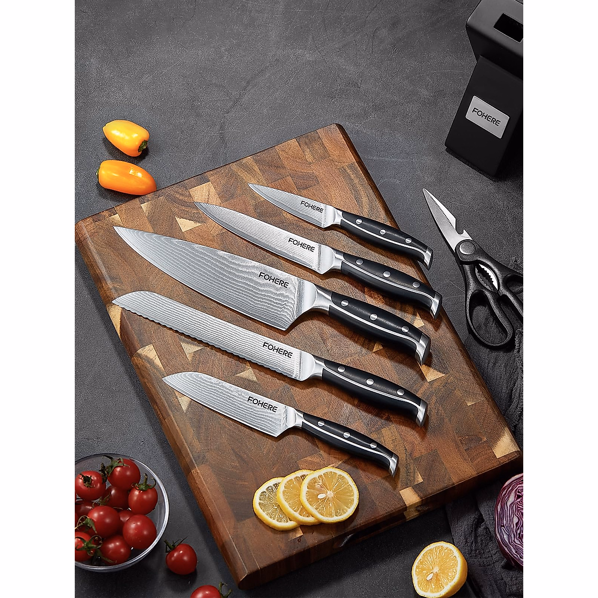 Knife Set, FOHERE 7-Piece Damascus Kitchen Knife Set, 67-Layer Japanese Knife VG10 Damascus Steel, Sharp Kitchen Knife Set with Non-slip ABS Handle, Kitchen Shears
