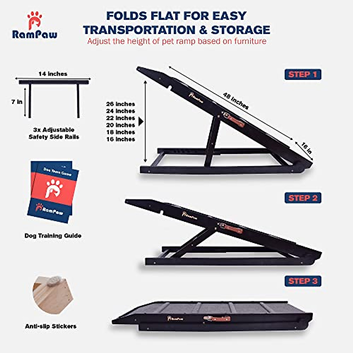 Adjustable Pet Ramp for All Dogs and Cats, 48" Long with Safety Side Rails - for Couch or Bed with Paw Non Slip Traction Mat & Steps, Adjustable Height - Sturdy, Dog Training Manual (Black)