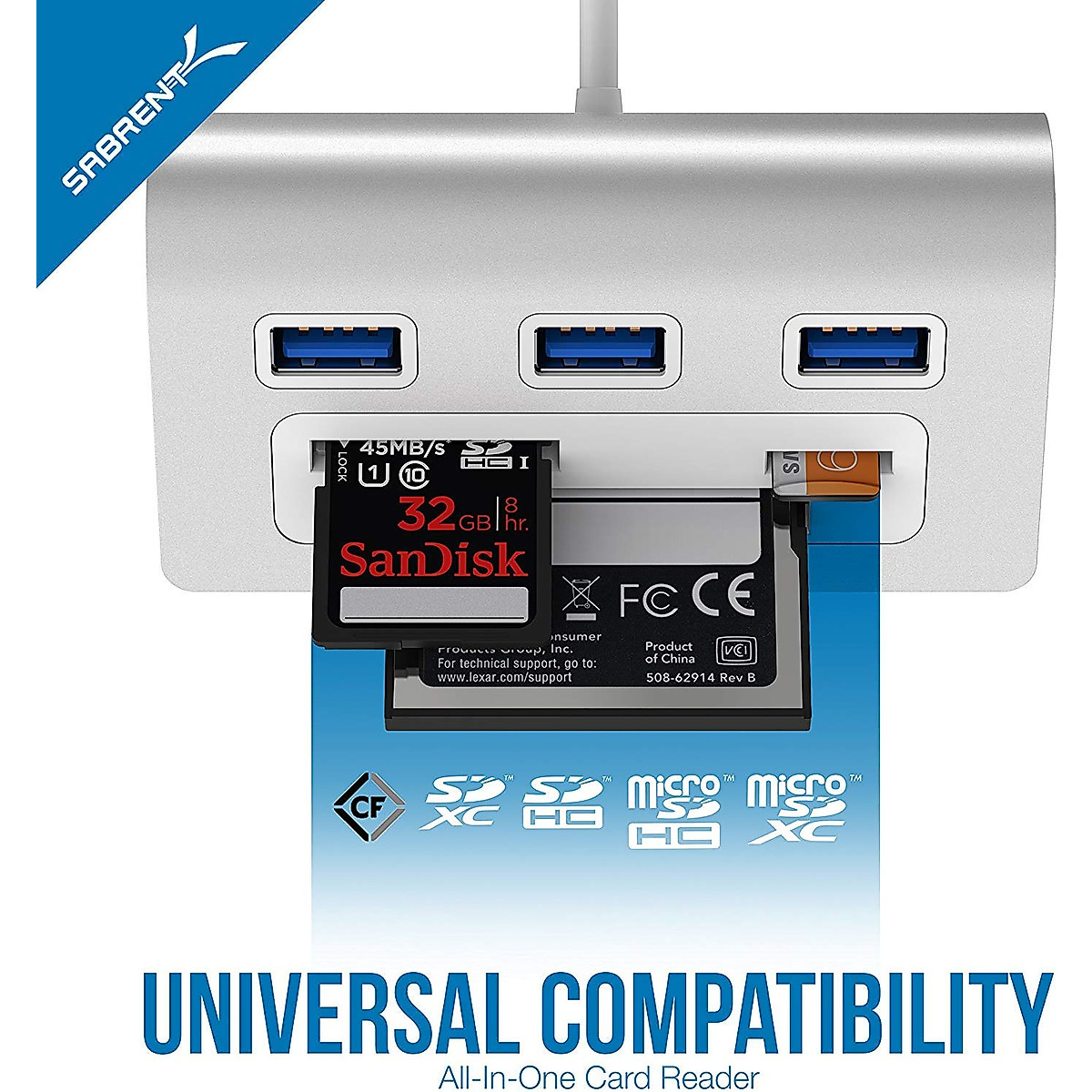 SABRENT Premium 3 Port Aluminum USB 3.0 Hub with Multi-in-1 Card Reader (12" Cable) for iMac, All MacBooks, Mac Mini, or Any PC (HB-MACR)