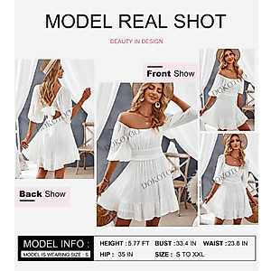 Dokotoo Square Neck Summer Dresses for Women 2023 Puff Sleeve Tie Backless Sexy Dresses Elastic Waist Ruffle A-Line Casual White Dress for Wedding Guest Small