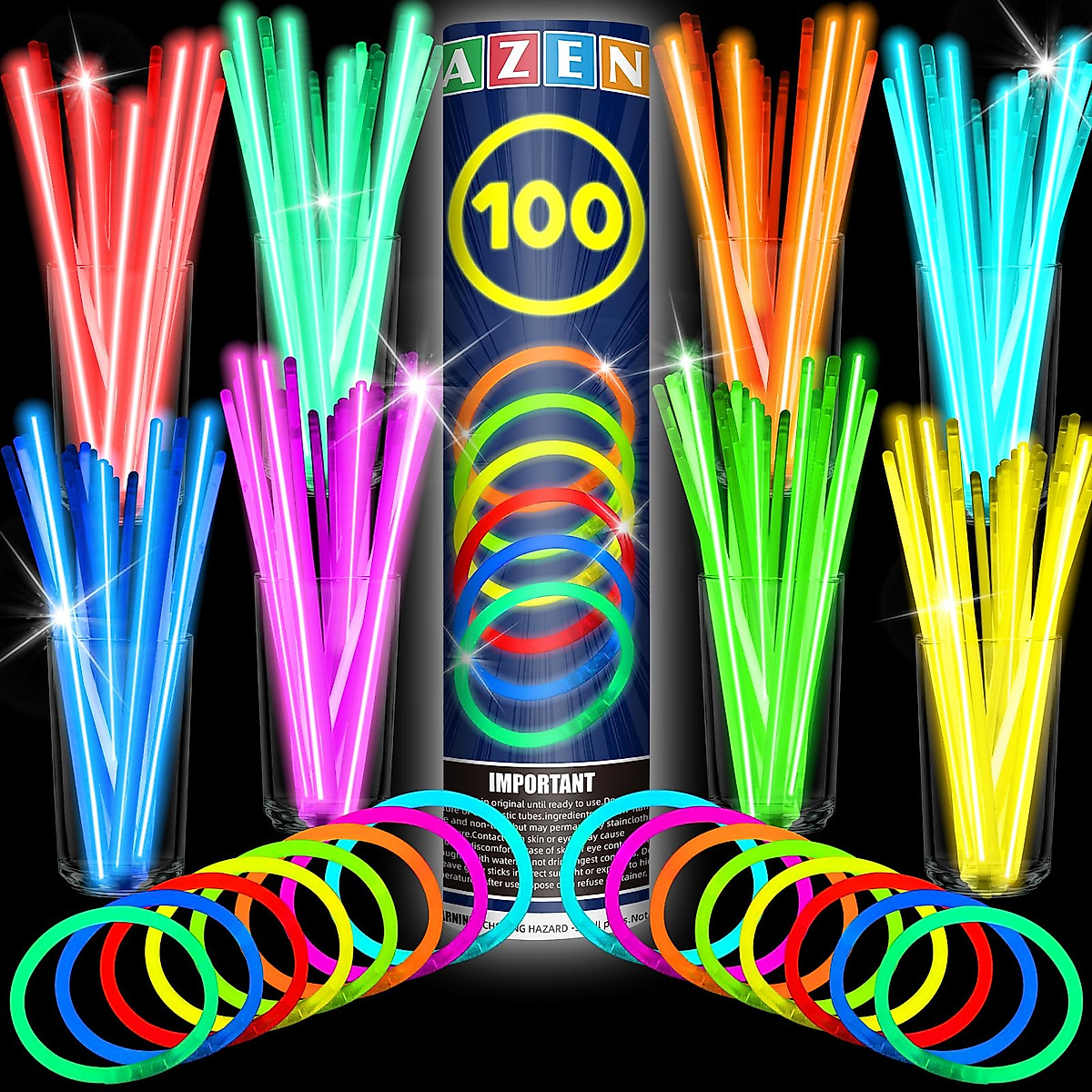 AZEN 100 Pcs Glow Sticks Bulk, 8 Inch Glow in the Dark Party Supplies Pack, Neon Party Favors Decorations Glow Necklaces and Glow Bracelets for Kids