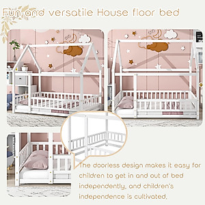 Full Size House Floor Bed Wooden Montessori Bed with Fence and Roof for Kids Playhouse Style Bed Frame for Girls Boys Teens, White