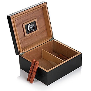 MEGACRA Desktop Humidor Case Holds 25-50 Cigars, Unique Elegant Leather Display, 100% Handcraft Real Solid Spanish Cedar Wood Storage Box with Humidifier and Hygrometer Desktop Humidors