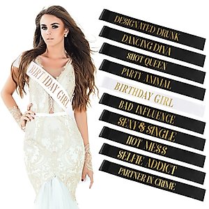 10 Pieces Birthday Sash for Women Birthday Party Supplies Happy Birthday Sash for Birthday Queen Sash Birthday Party Favors, 2 Colors(Black, White)