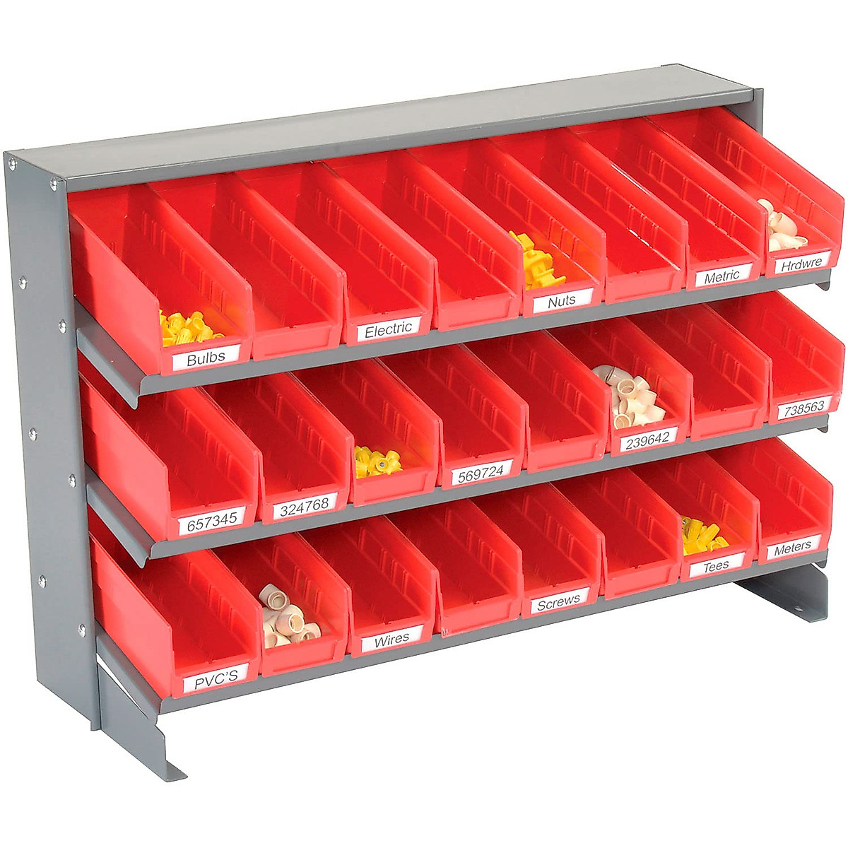 Global Industrial 3 Shelf Bench Rack, (24) 4" W Red Bins, 33x12x21