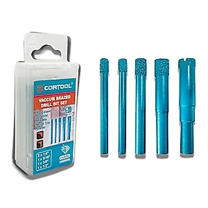 CORTOOL Dry Diamond Drill Bits for Porcelain Tile Ceramic Glass Marble, 5PCS 1/4", 5/16", 3/8", 1/2" Tile Drill Bit, Tile Saw, Vacuum Brazed Diamond Core Drill Bits with Round Hex Shank